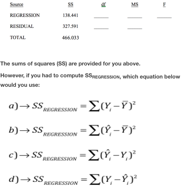 Solved Source SS df MS F REGRESSION 138.441 RESIDUAL 327.591 | Chegg.com