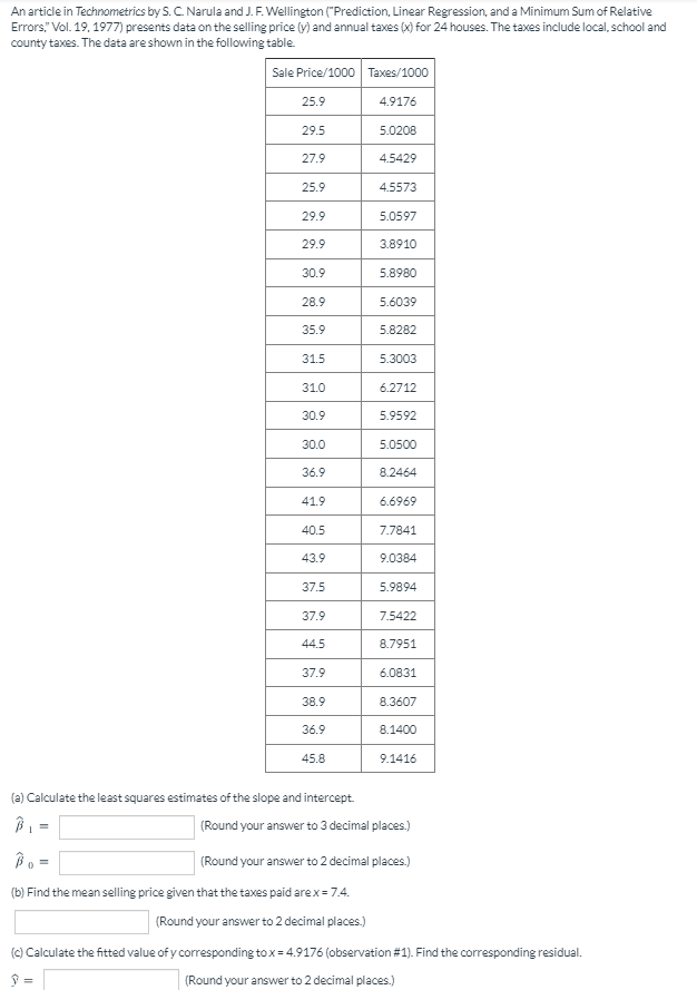 Solved An article in Technometrics by S.C. Narula and J. F. | Chegg.com
