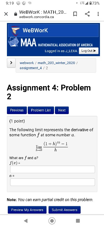 Solved 9:19 •LTE2 73% WebWork: MATH_20... D | Chegg.com