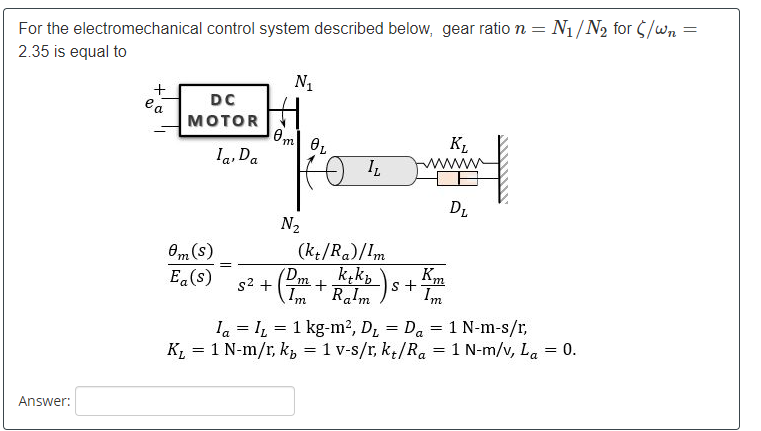 Solved N1/N2 for $/wn = For the electromechanical control | Chegg.com