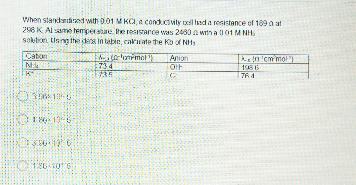 Solved When standardised with 0.01MKCl a conductivity cell | Chegg.com