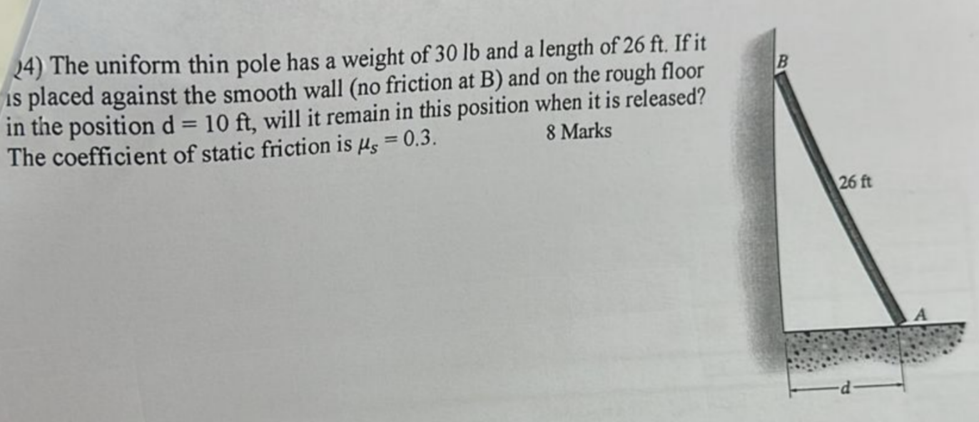 Solved 24) The uniform thin pole has a weight of 30lb and a | Chegg.com