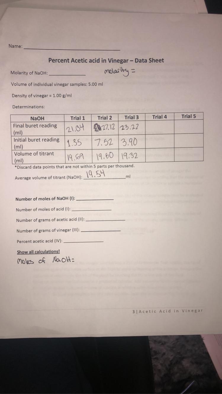 Solved Name: Percent Acetic acid in Vinegar - Data Sheet | Chegg.com
