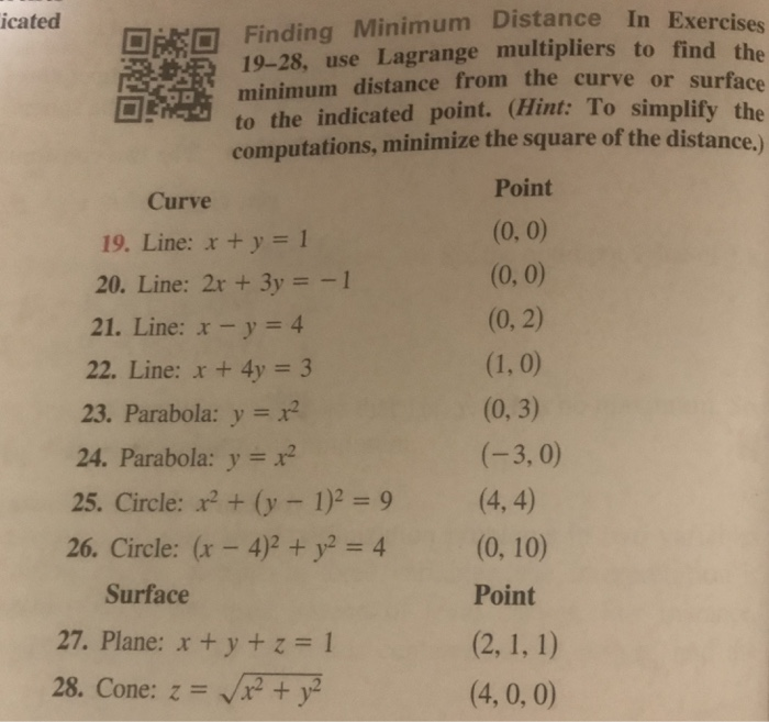 Solved icated 回Finding Minimum Distance in Exercises 19-28, | Chegg.com
