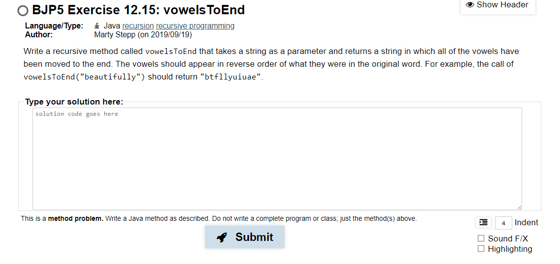 Solved BJP5 Exercise 12.15: vowelsToEnd Language/Type: | Chegg.com