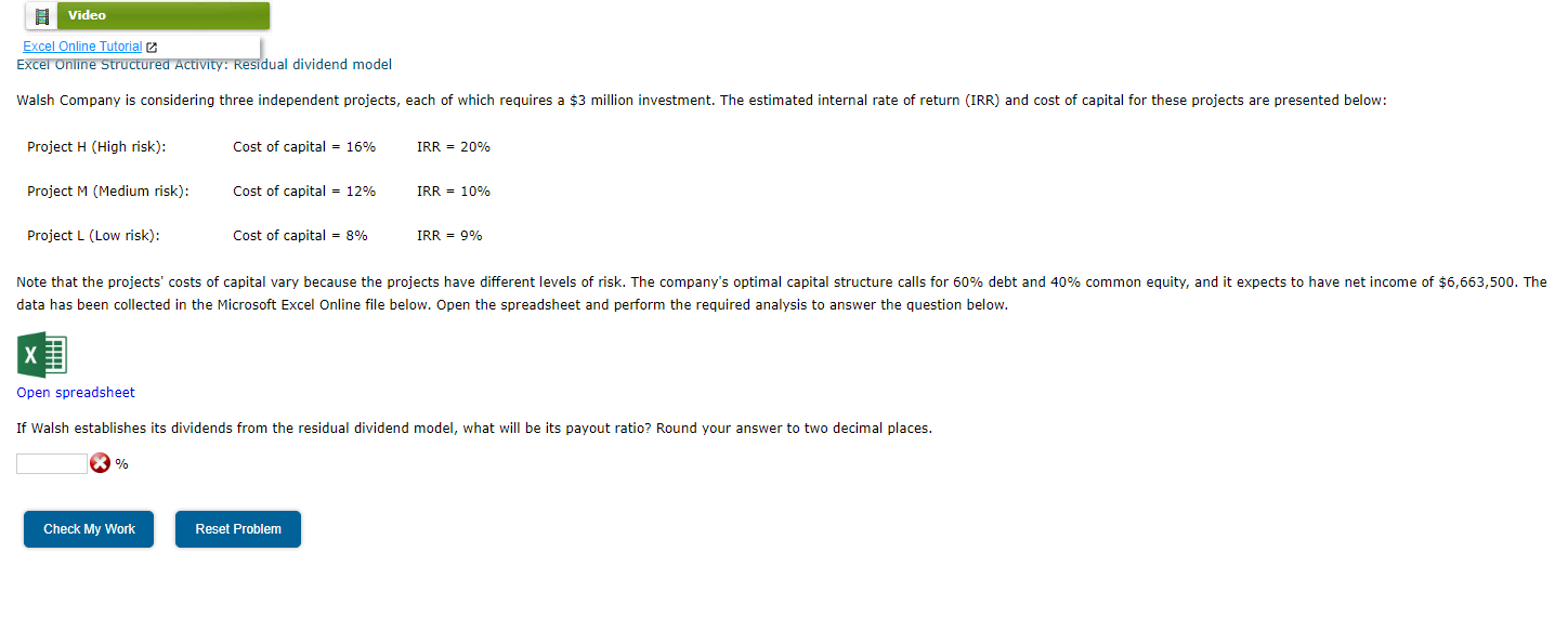 Solved Excel Online Structured Activity: Residual dividend | Chegg.com