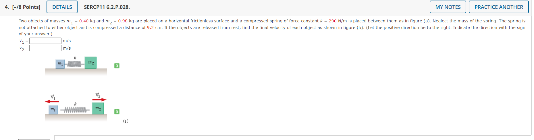 Solved Two objects of masses m1 = 0.40 kg and m2 = 0.98 kg | Chegg.com