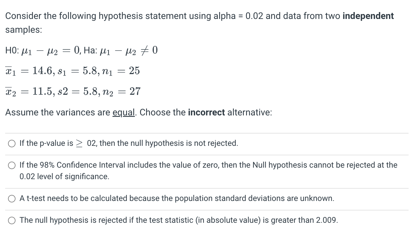 Solved Consider the following hypothesis statement using | Chegg.com