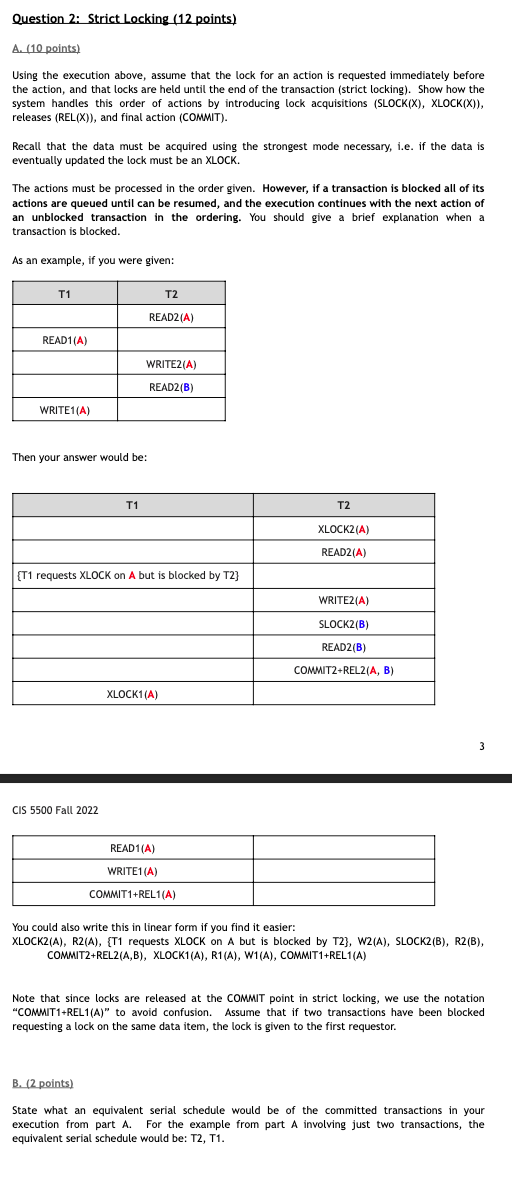 Solved Question 2: Strict Locking (12 points) A. (10 points | Chegg.com