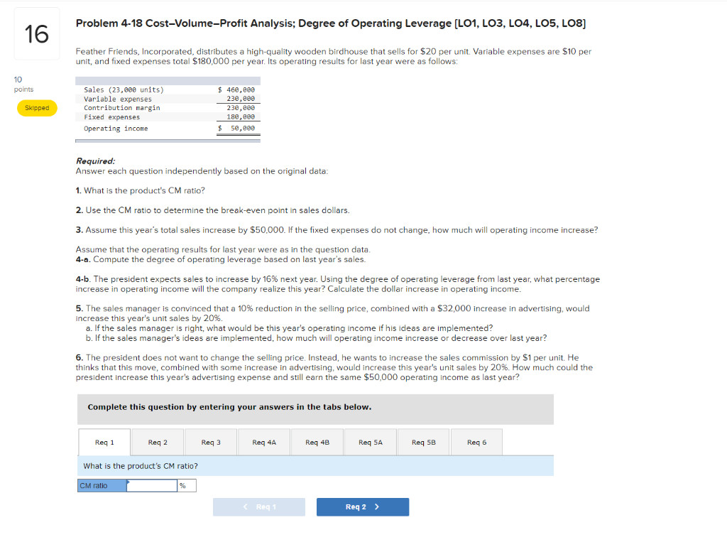 Solved Problem 4-18 Cost-Volume-Profit Analysis; Degree of | Chegg.com