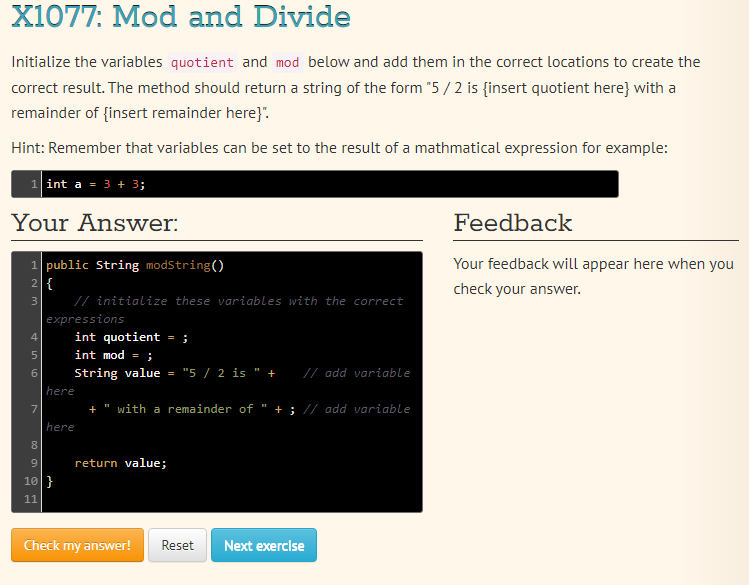 Solved X1077: Mod and Divide Initialize the variables | Chegg.com