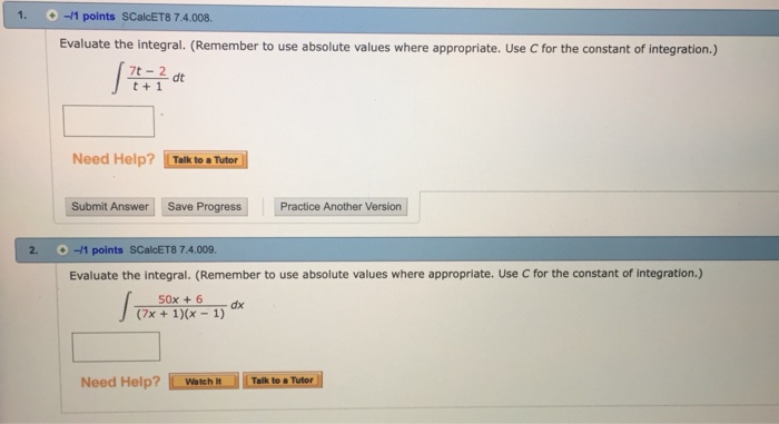 Solved 1. :.-1 points scalcET8 7.4.008 Evaluate the | Chegg.com