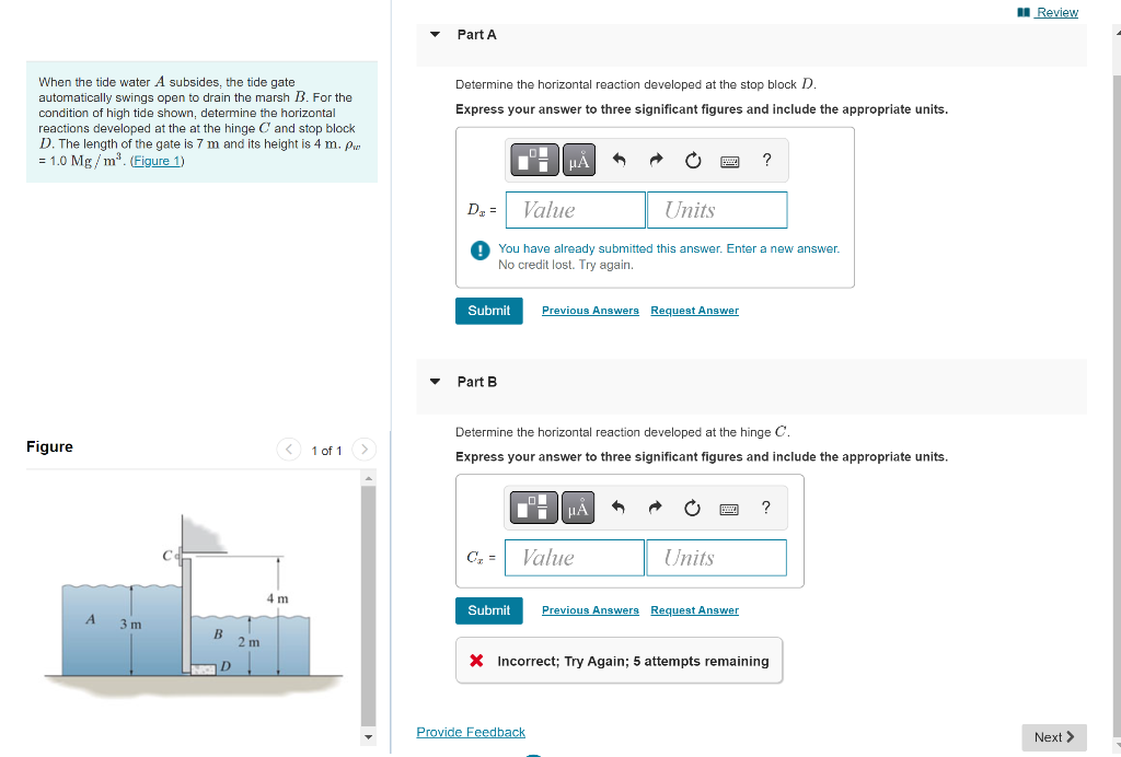 Solved When the tide water A subsides, the tide gate | Chegg.com