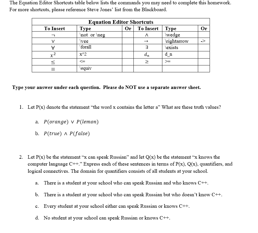 Solved The Equation Editor Shortcuts table below lists the | Chegg.com