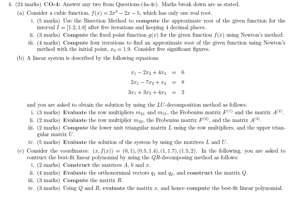 Solved (24 marks) CO-4: Answer any two from | Chegg.com
