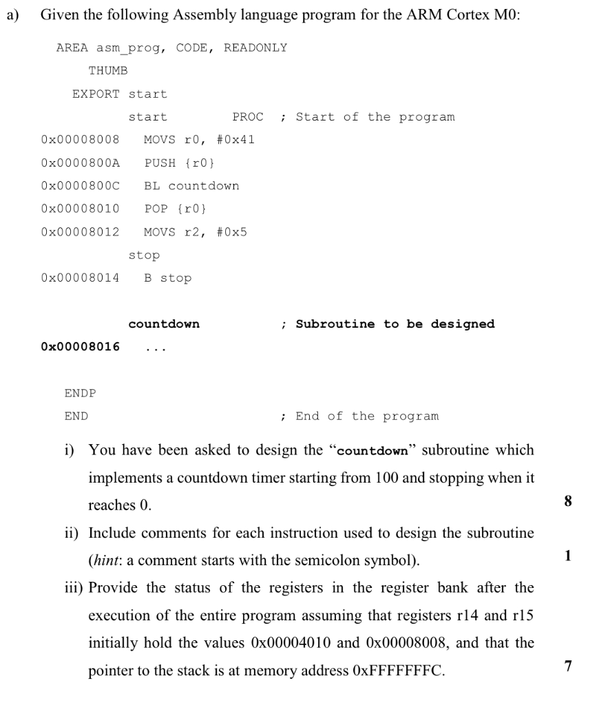 a) Given the following Assembly language program for | Chegg.com