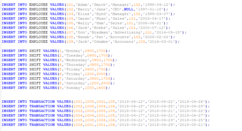 Solved INSERT INTO EMPLOYEE VALUES (101,' 'Adam',' | Chegg.com