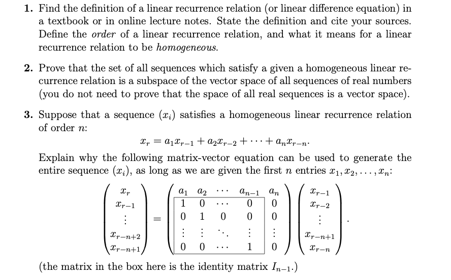 Solved 1. Find the definition of a linear recurrence | Chegg.com