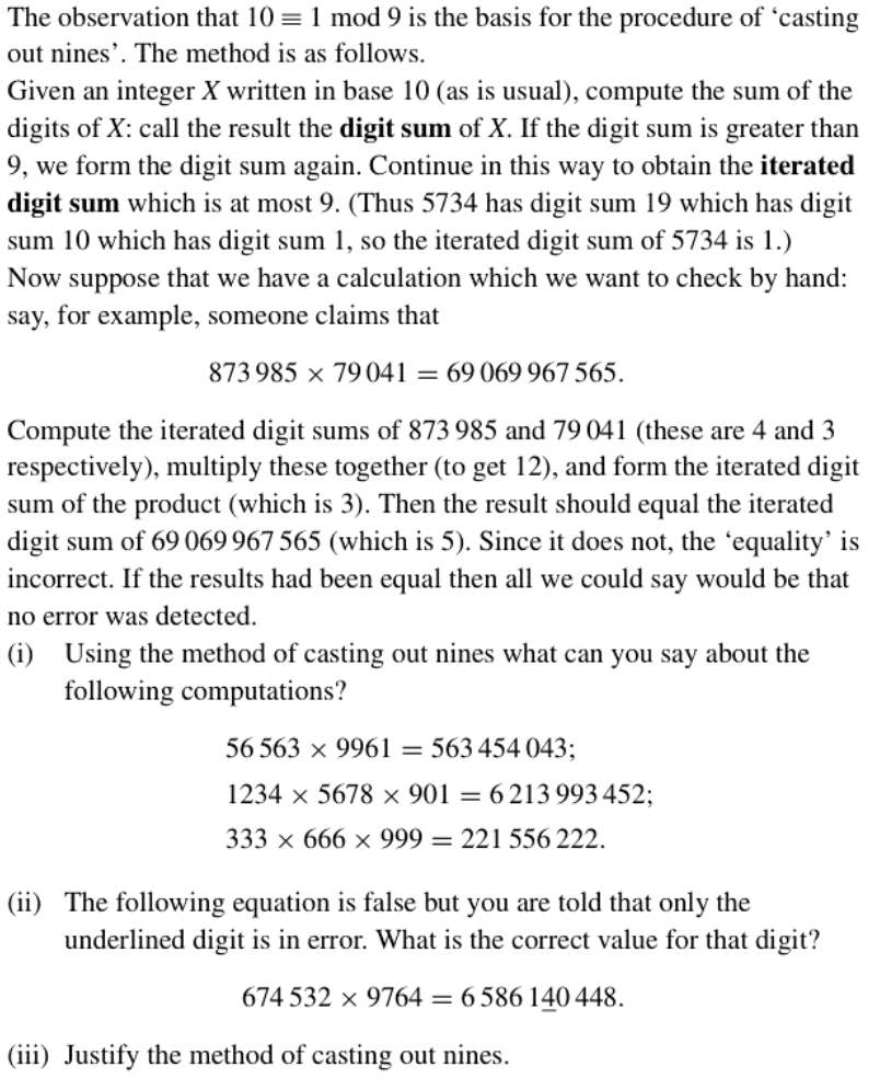 Solved The observation that 10≡1mod9 is the basis for the | Chegg.com