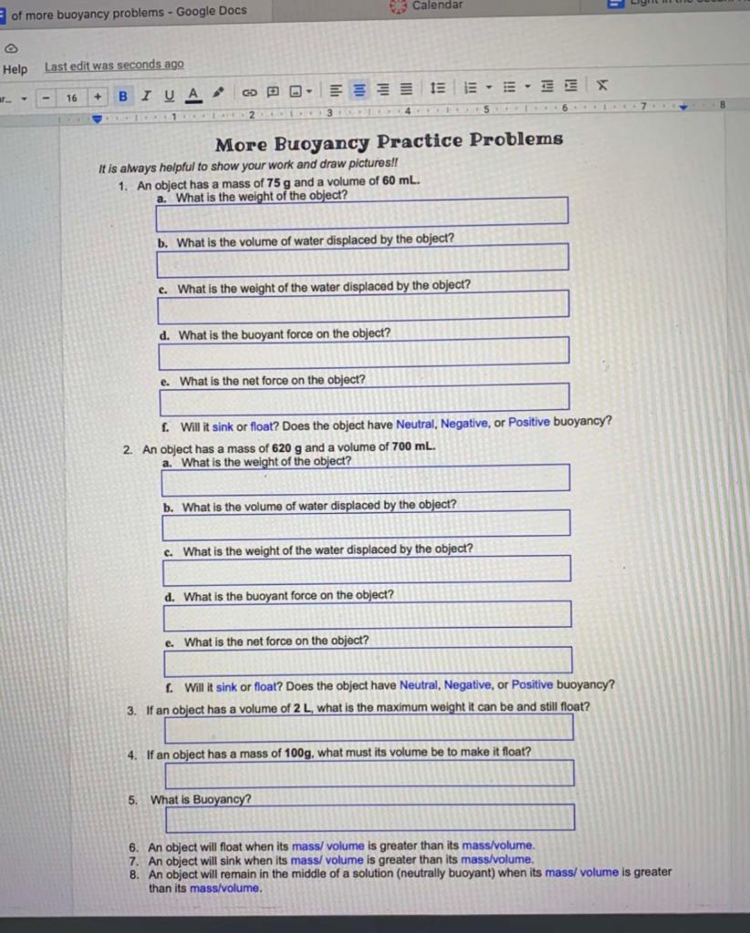 Solved of more buoyancy problems - Google Docs Calendar Help | Chegg.com