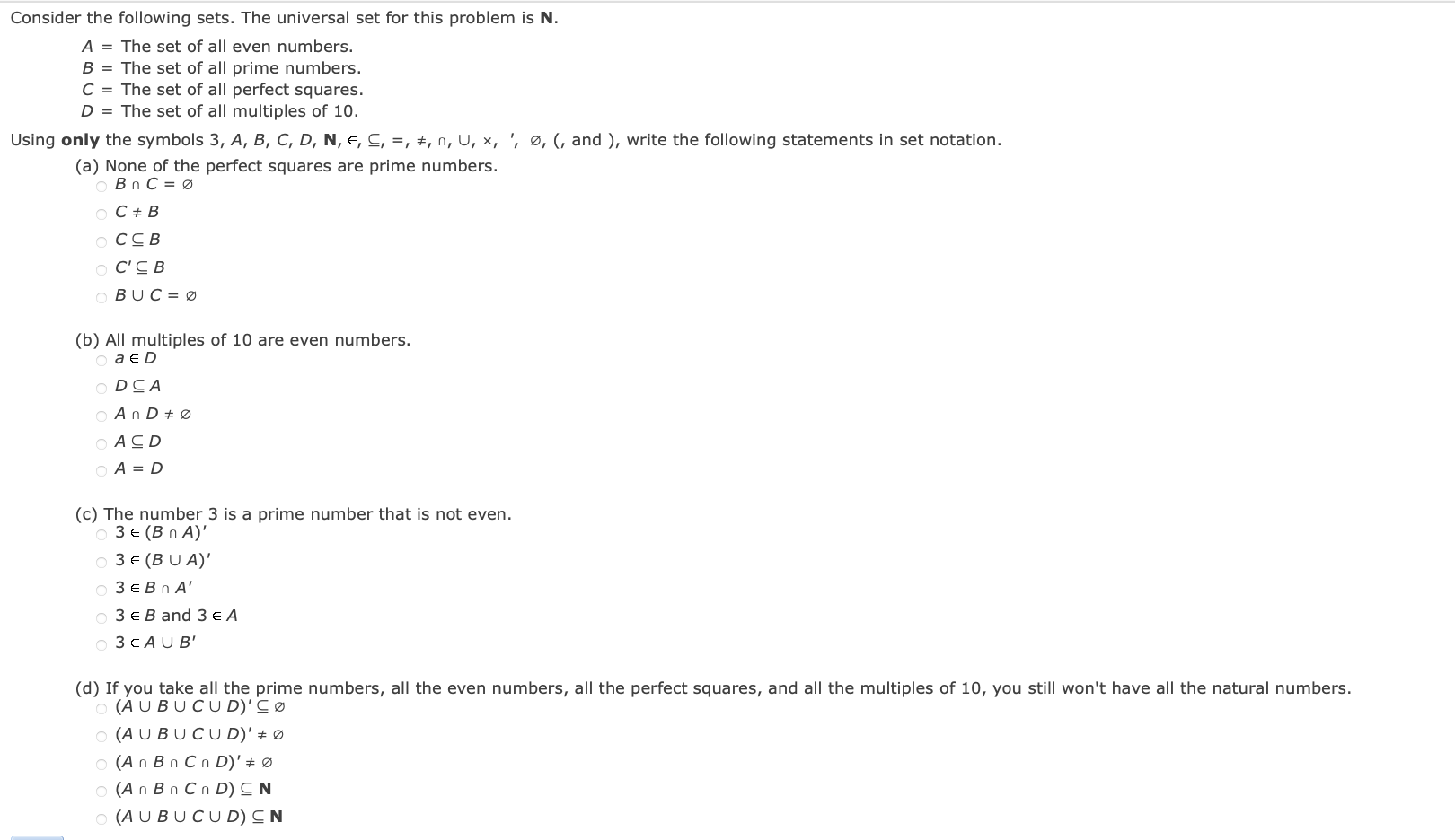 Solved Consider the following sets. The universal set for | Chegg.com