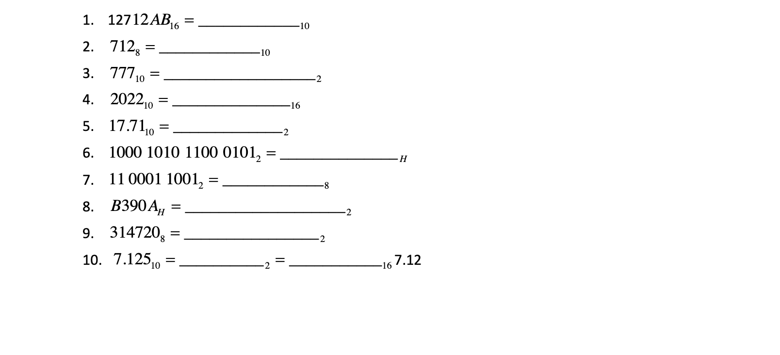Solved 1. 12712AB16= 2. 7128= 3. 77710= 4. 202210= 5. | Chegg.com