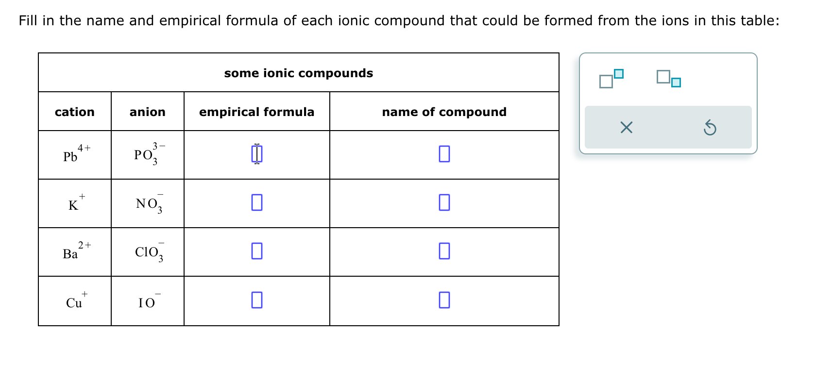Solved Fill in the name and empirical formula of each ionic | Chegg.com