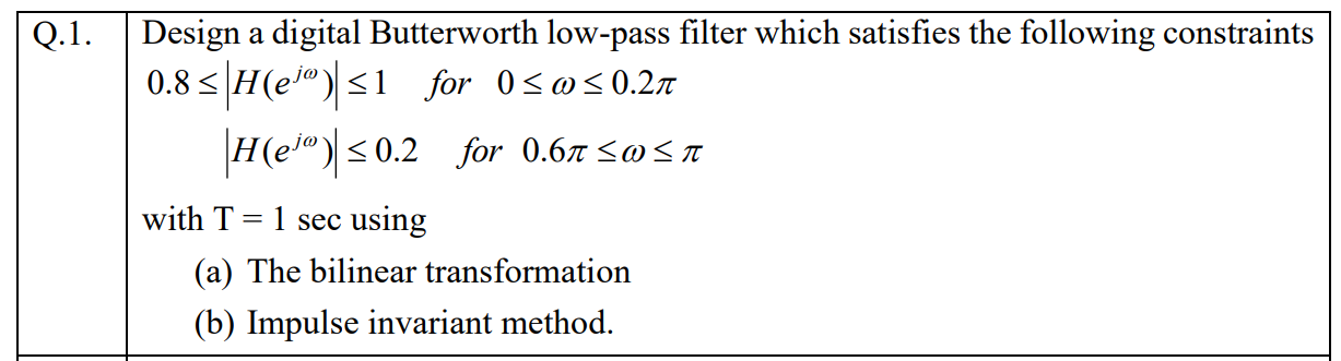 Solved Q.1. Design a digital Butterworth low-pass filter | Chegg.com