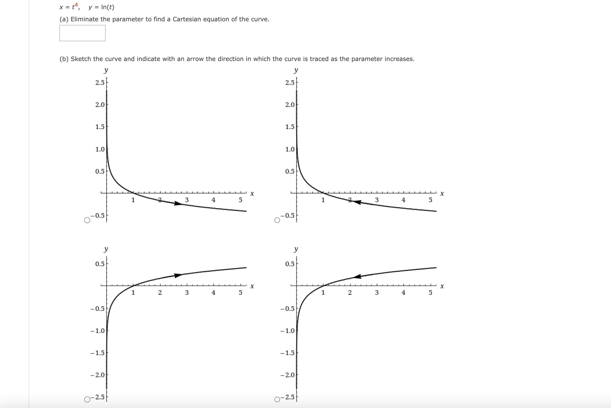 Solved x=t4,y=ln(t) (a) Eliminate the parameter to find a | Chegg.com