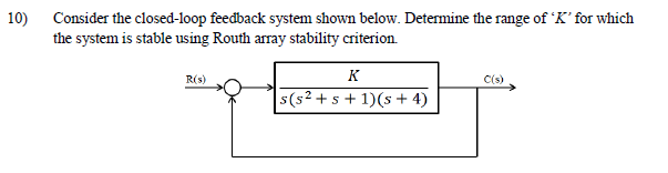 Solved 10) Consider the closed-loop feedback system shown | Chegg.com