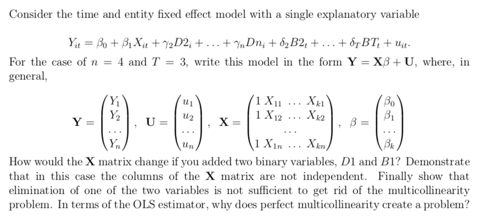 Consider the time and entity fixed effect model with | Chegg.com