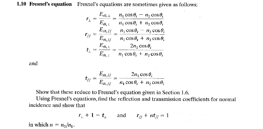 Solved 1.10 Fresnel's equation Fresnel's equations are | Chegg.com