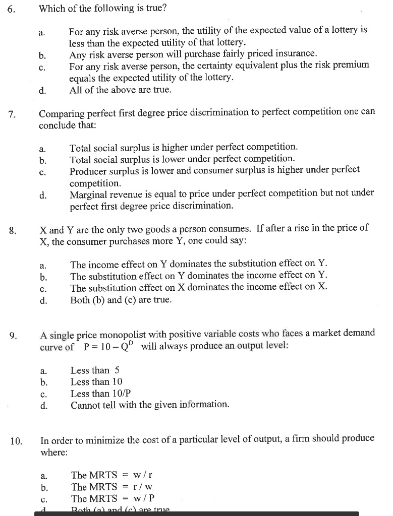 Solved Which of the following is true? a. For any risk | Chegg.com