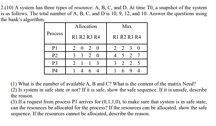 Solved 2.(10) A system has three types of resource: A, B, C, | Chegg.com