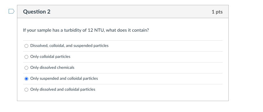 Solved Question 2 1 pts If your sample has a turbidity of 12 | Chegg.com