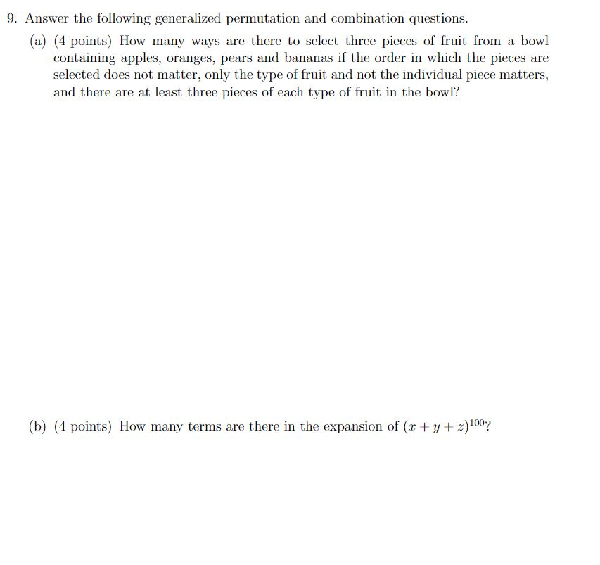 Solved 9. Answer the following generalized permutation and | Chegg.com