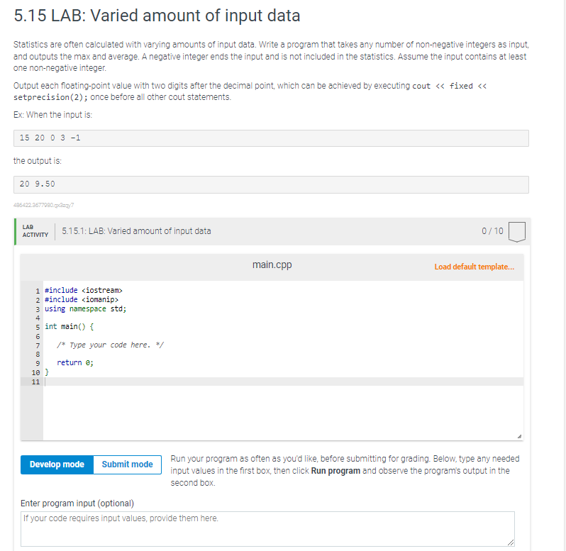 Solved 5. 15 LAB: varled amount or input aata Statistics are | Chegg.com