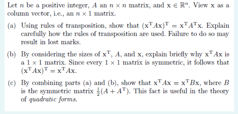 Solved Let n be a positive integer, A an n×n matrix, and | Chegg.com