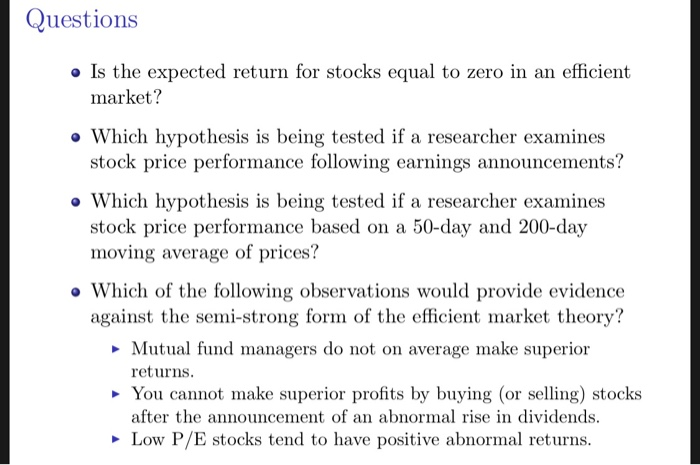 Solved Questions o Is the expected return for stocks equal | Chegg.com