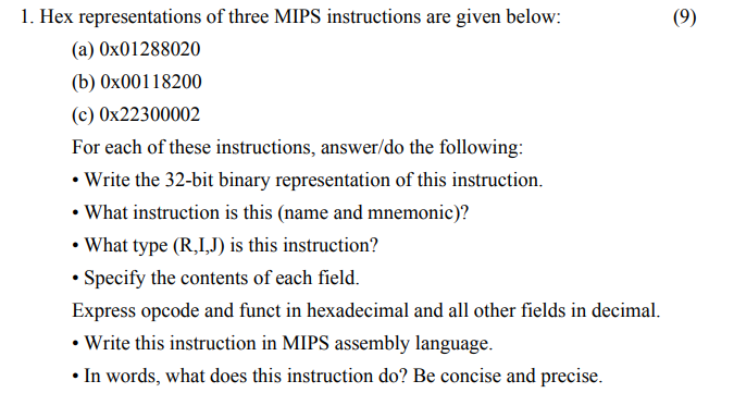 Solved 1. Hex representations of three MIPS instructions are | Chegg.com