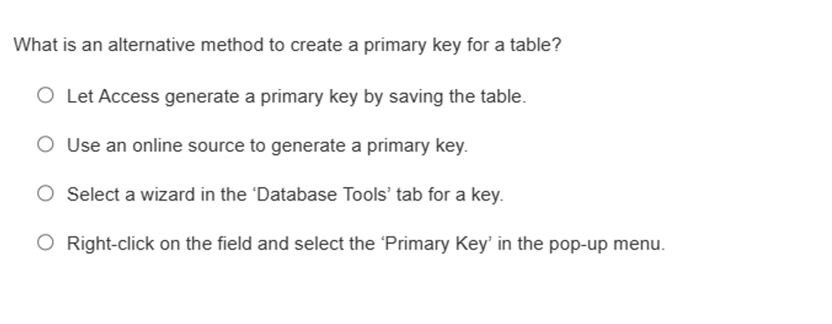 Solved What is an alternative method to create a primary key | Chegg.com