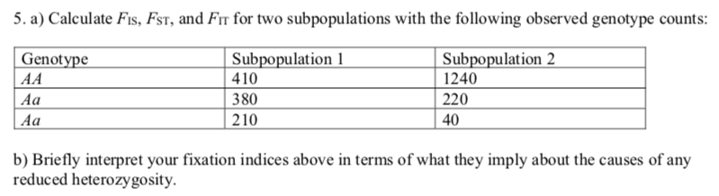 Solved 5. a) Calculate Fis, Fst, and Fr for two | Chegg.com