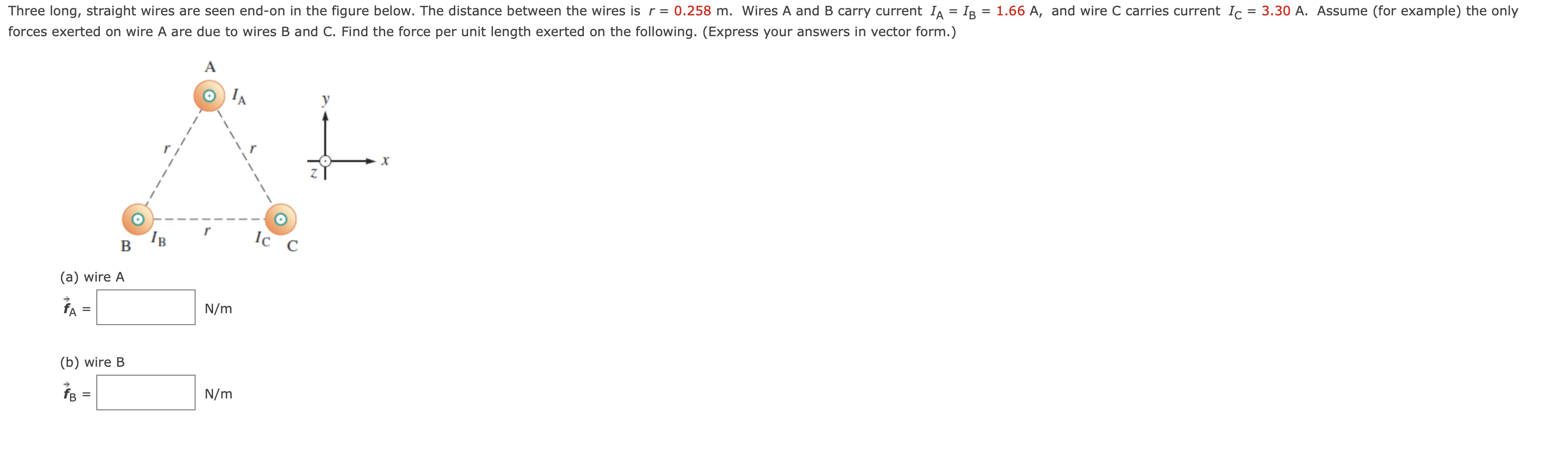Solved forces exerted on wire A are due to wires B and C. | Chegg.com