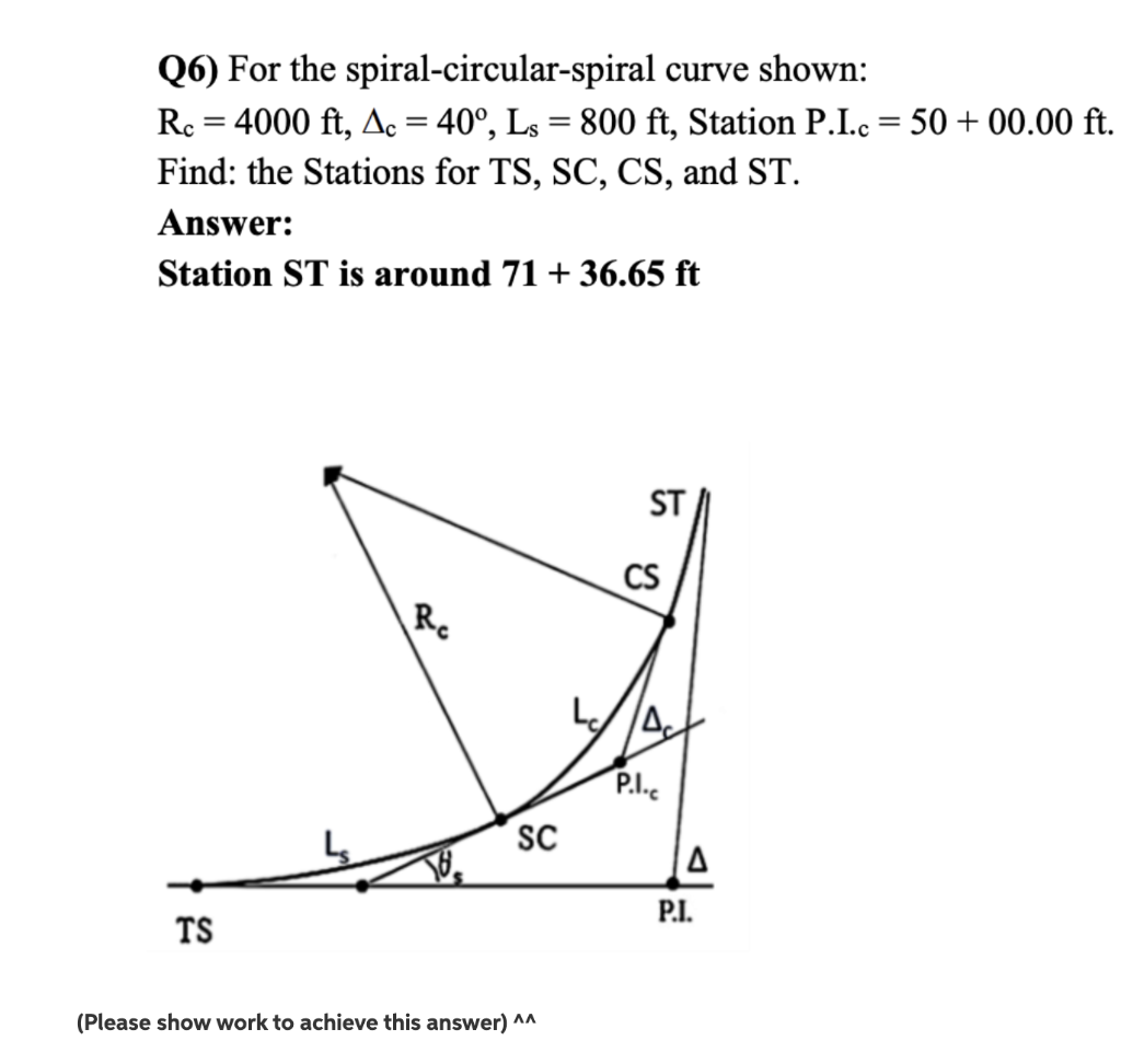 Solved (6) For the spiral-circular-spiral curve shown: Rc = | Chegg.com
