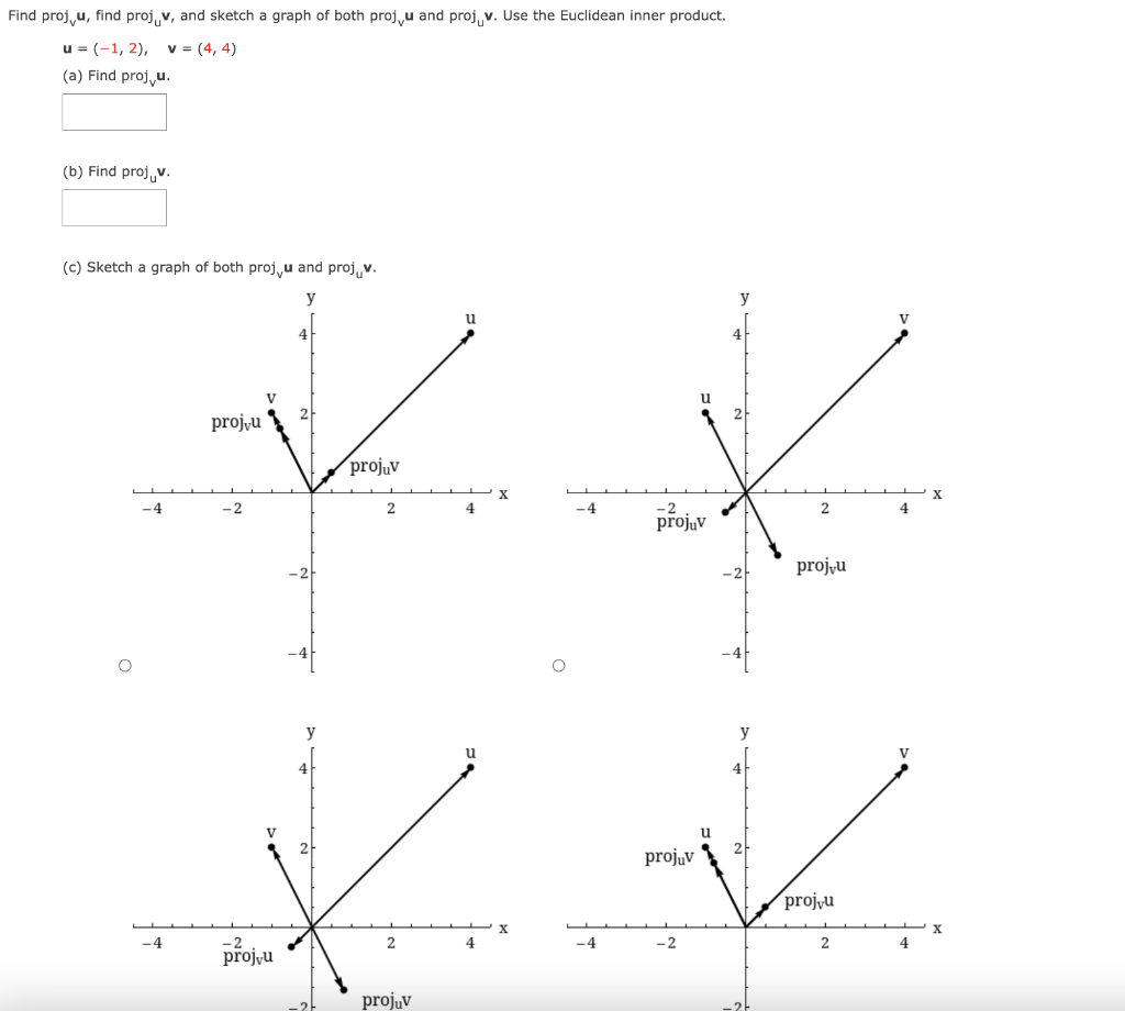 Solved u=(−1,2),v=(4,4) (a) Find projvu. (b) Find proj uv. | Chegg.com
