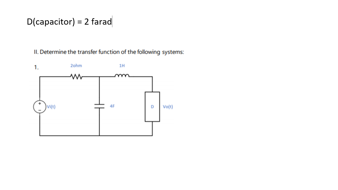 Solved D(capacitor) = 2 farad II. Determine the transfer | Chegg.com