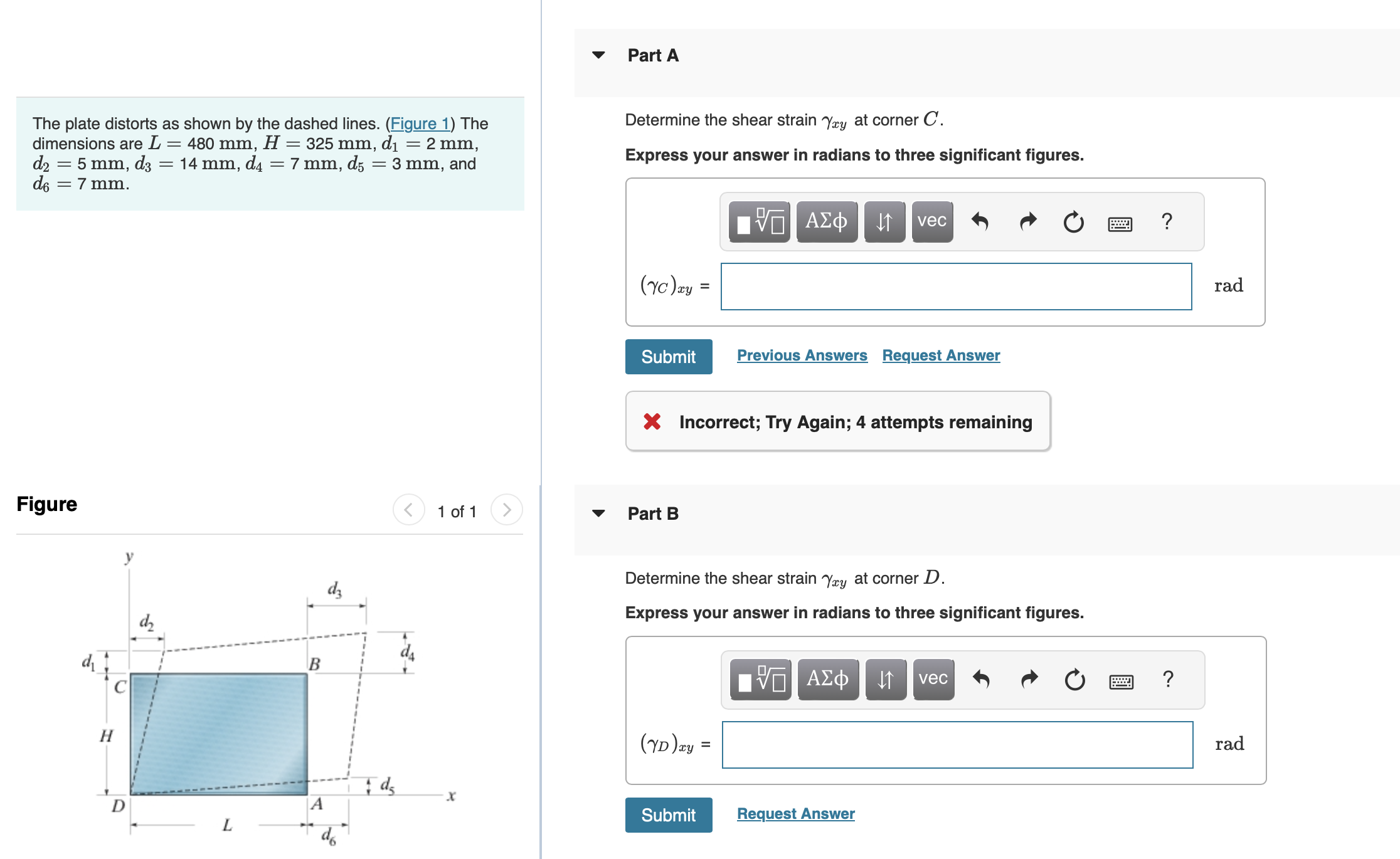 Solved Part AThe plate distorts as shown by the dashed | Chegg.com
