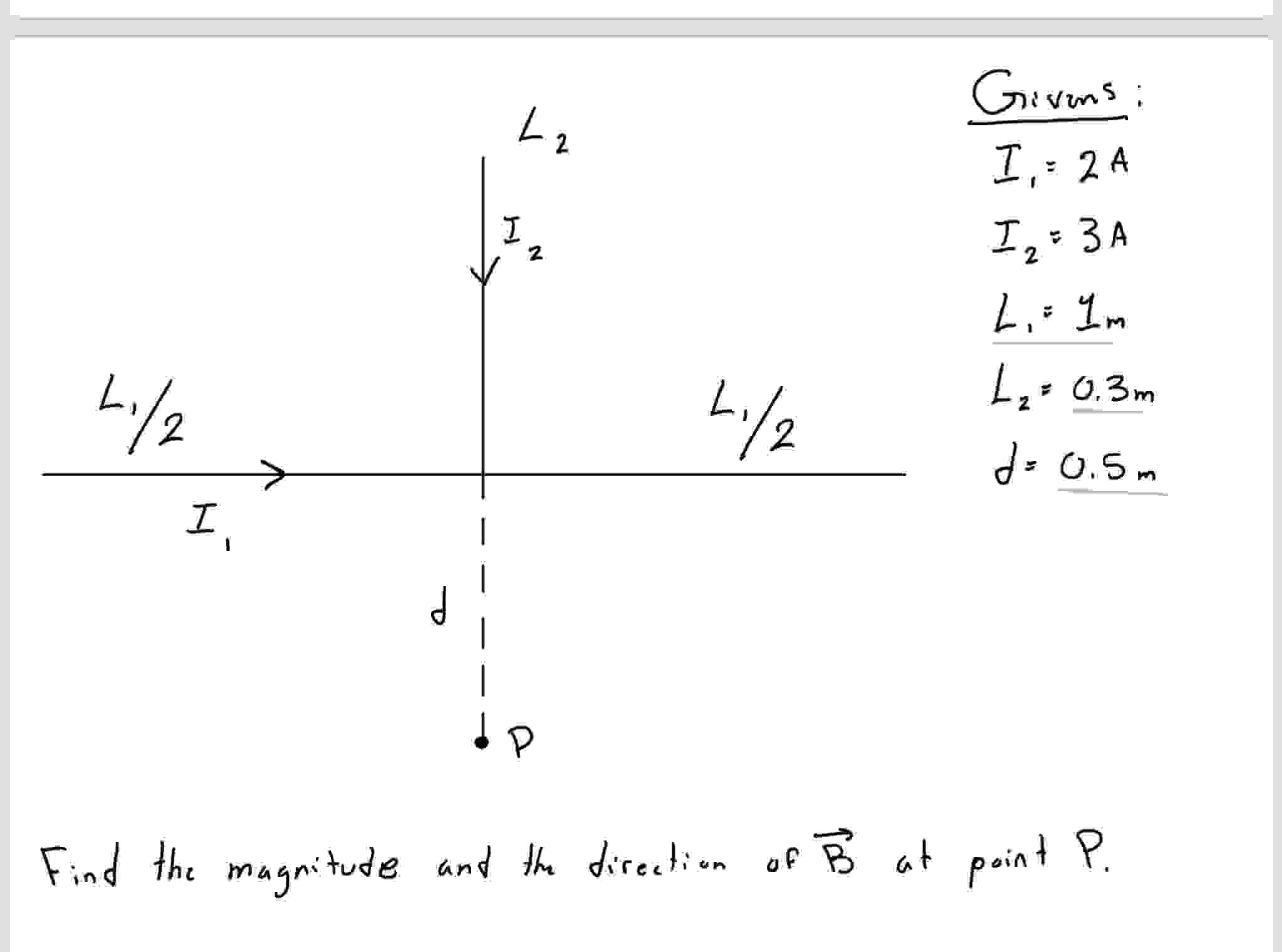Solved Givens:I1=2AI2=3AL1=1mL2=0.3md=0.5mFind the magnitude | Chegg.com