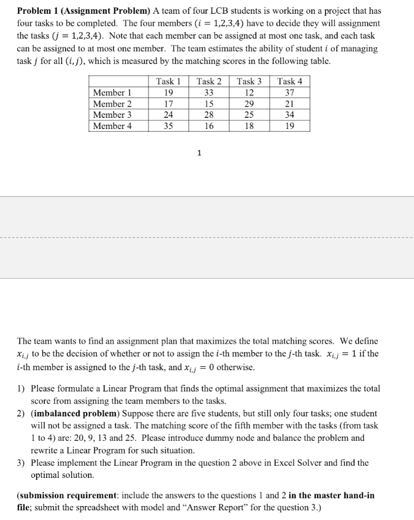 Solved Problem 1 (Assignment Problem) A team of four LCB | Chegg.com