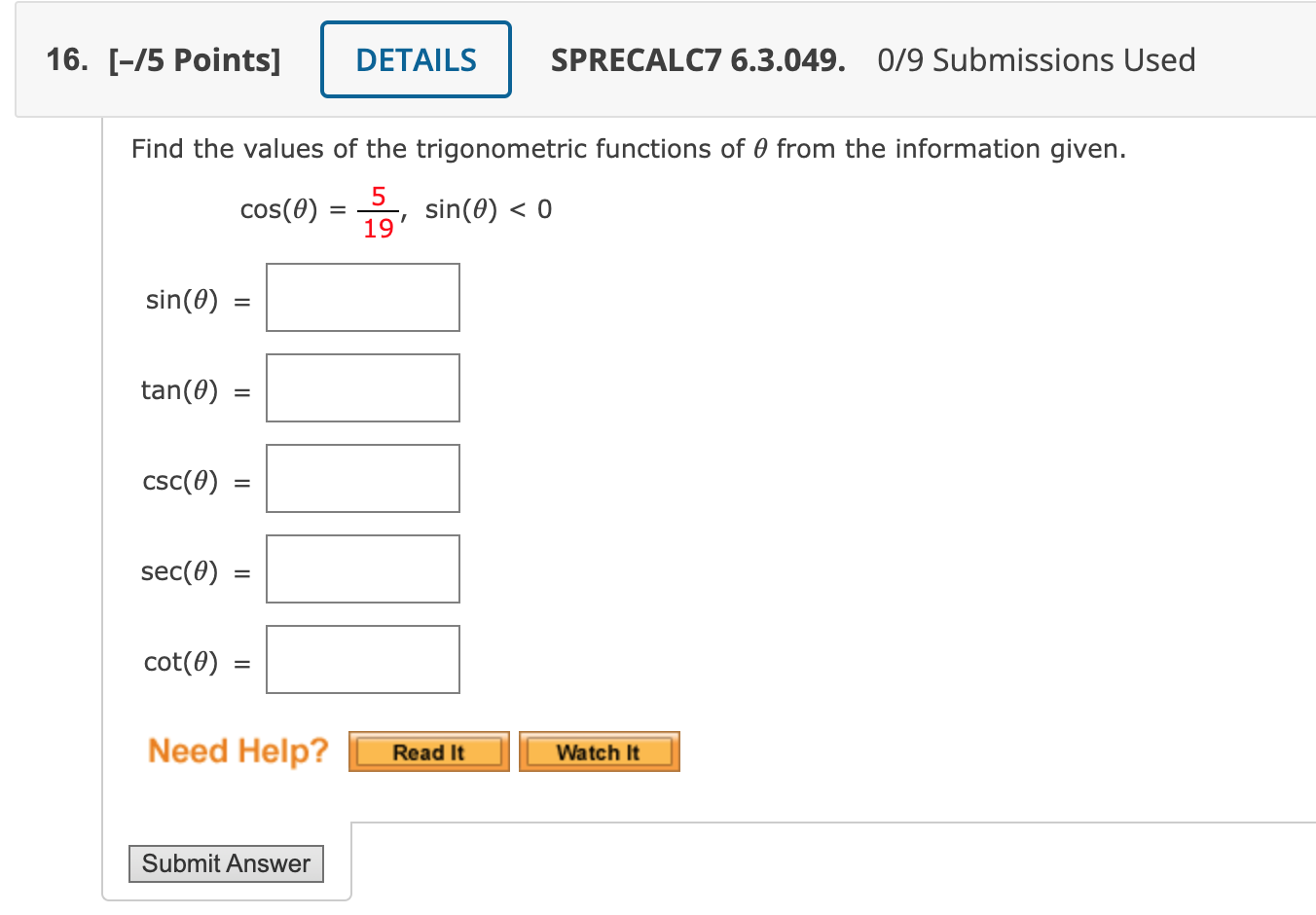 Solved Find the values of the trigonometric functions of θ | Chegg.com